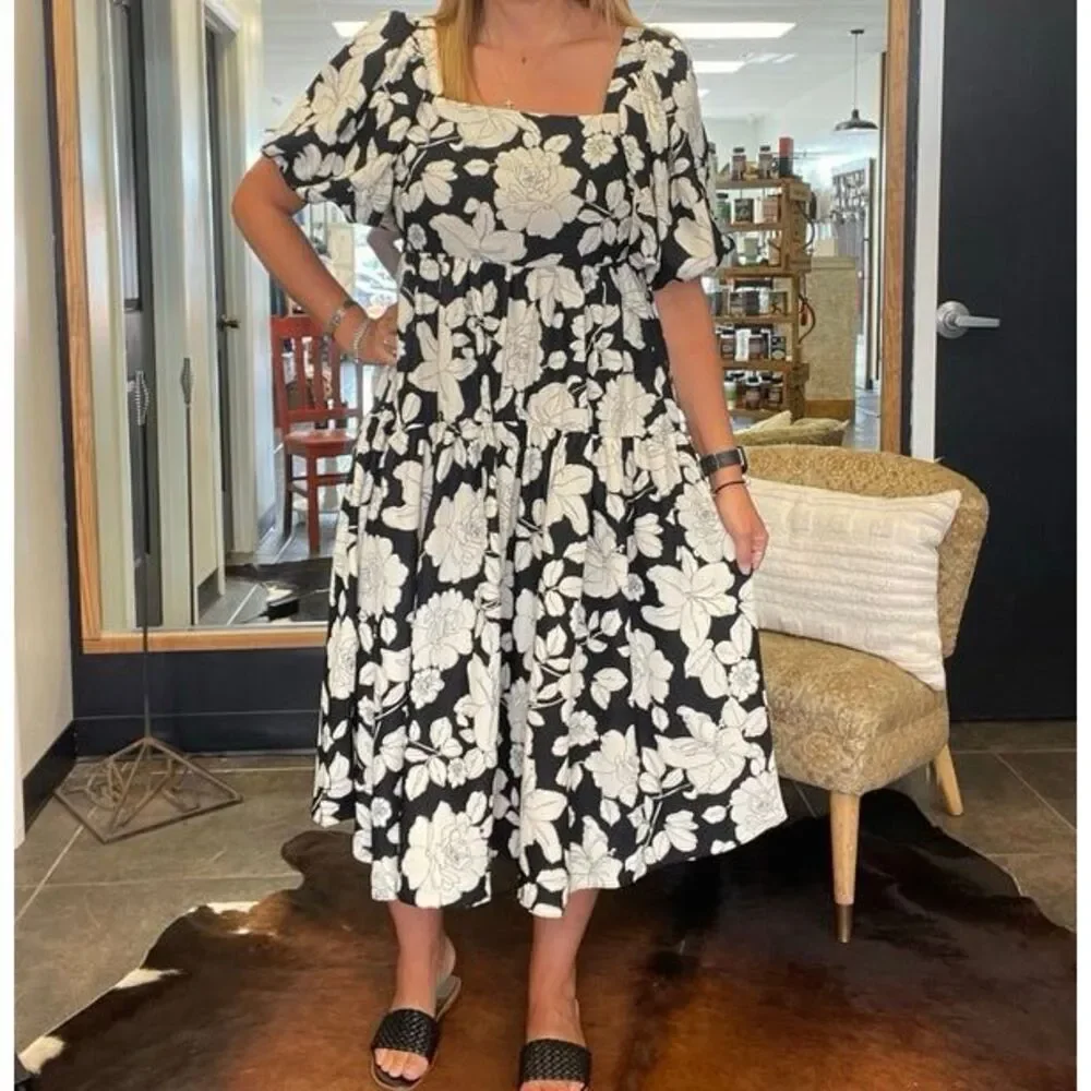 entro | Dresses | Entrowomens Black Cream Floral Puff Sleeve Midi Dress ...